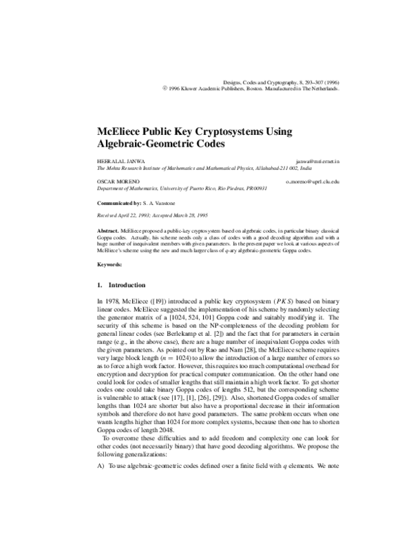 (PDF) McEliece public key cryptosystems using algebraic-geometric codes