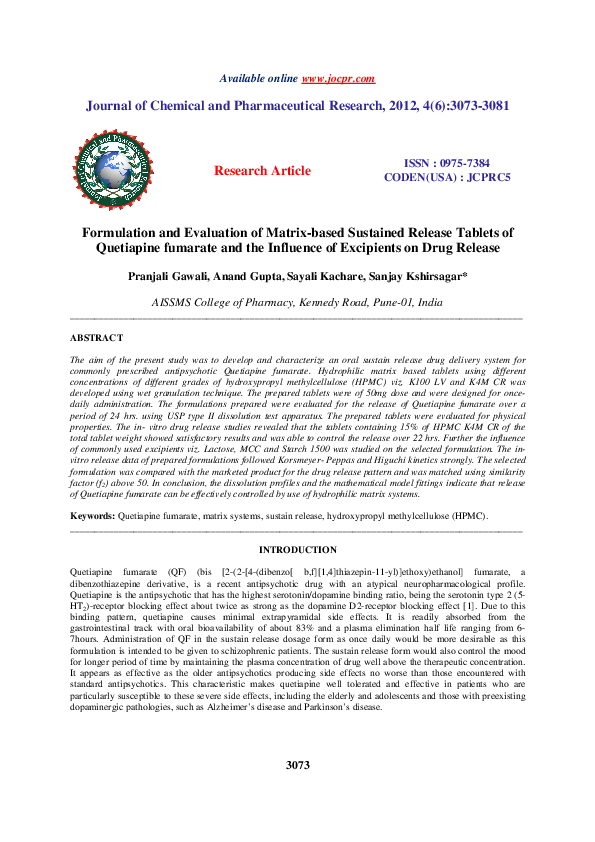 Pdf Formulation And Evaluation Of Matrix Based Sustained Release Tablets Of Quetiapine