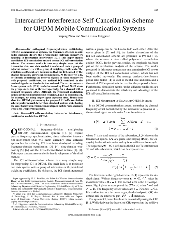 (PDF) Intercarrier interference self-cancellation scheme for OFDM mobile communication systems ...