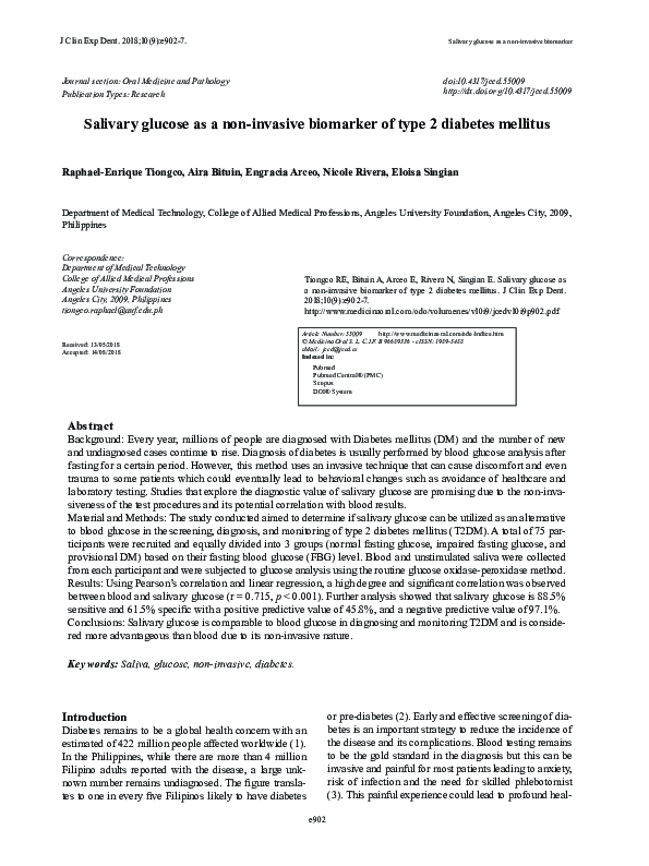 (PDF) Salivary glucose as a non-invasive biomarker of type 2 diabetes ...