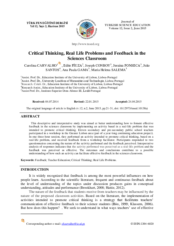 (PDF) Critical Thinking, Real Life Problems and Feedback in the ...