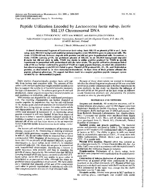 Pdf Peptide Utilization Encoded By Lactococcus Lactis Subsp Lactis