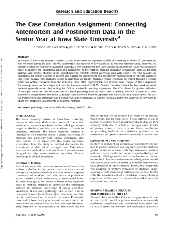 (PDF) The Case Correlation Assignment: Connecting Antemortem and Postmortem Data in the Senior ...