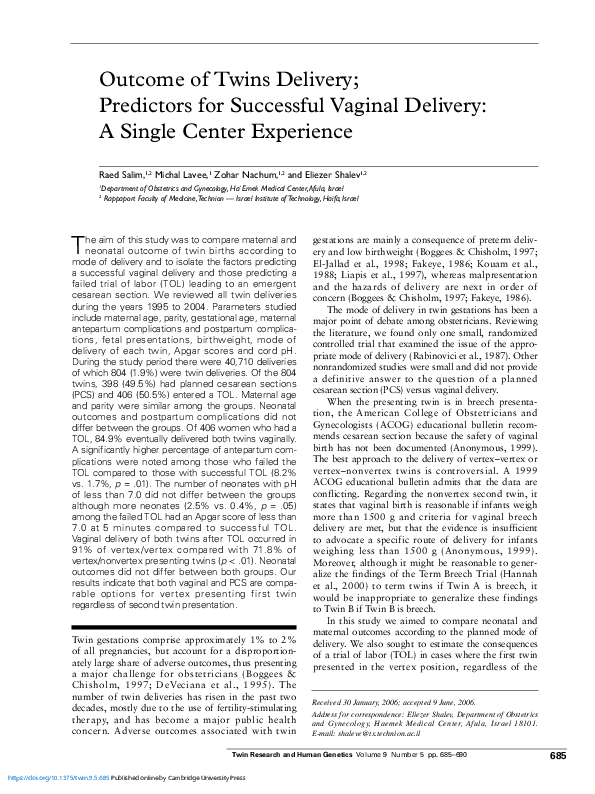 (PDF) Outcome of Twins Delivery; Predictors for Successful Vaginal ...