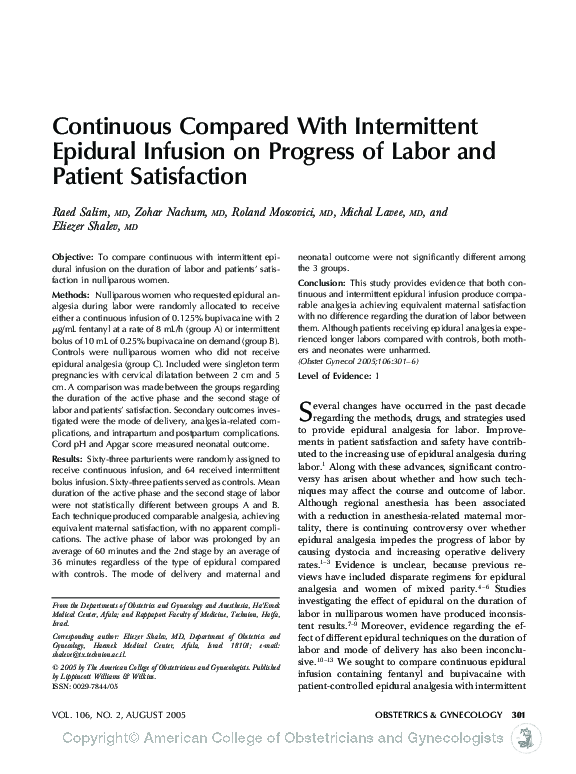 (PDF) Continuous Compared With Intermittent Epidural Infusion on ...