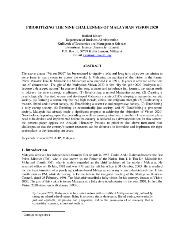 (PDF) Prioritizing the Nine Challenges of Malaysian Vision 2020