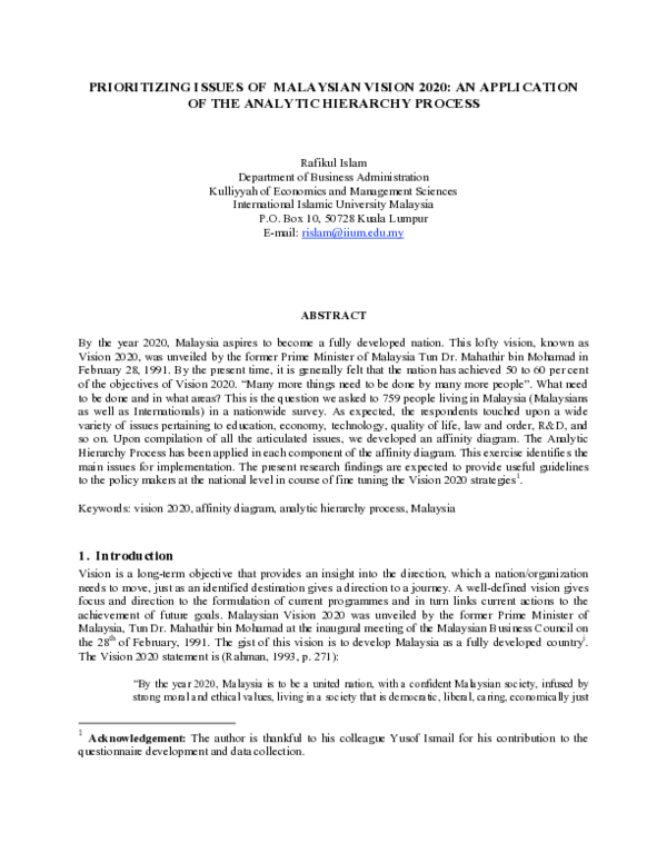 (PDF) Prioritizing Issues of MalaysianVision 2020: An Application of the Analytic Hierarchy Process