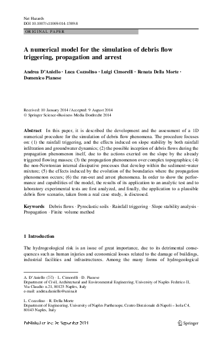 (PDF) A numerical model for the simulation of debris flow triggering, propagation and arrest