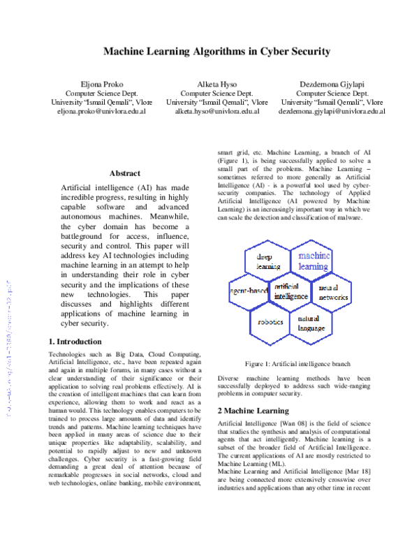 (PDF) Machine Learning Algorithms in Cyber Security