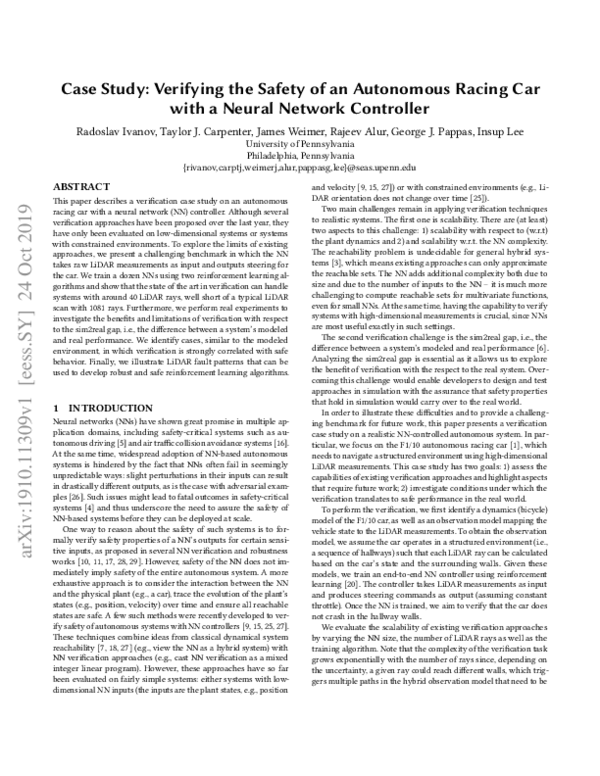 (PDF) Case study: verifying the safety of an autonomous racing car with a neural network ...