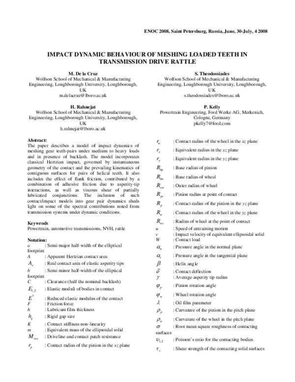 (PDF) Impact dynamic behaviour of meshing loaded teeth in transmission drive rattle