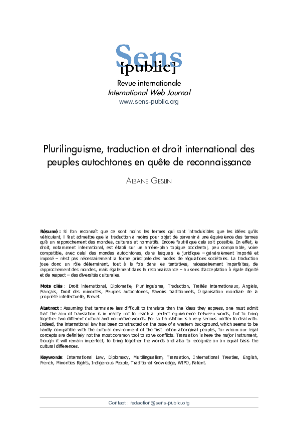 (PDF) Plurilinguisme, traduction et droit international des peuples ...