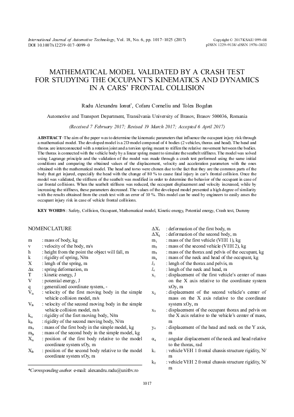 (PDF) Mathematical model validated by a crash test for studying the ...