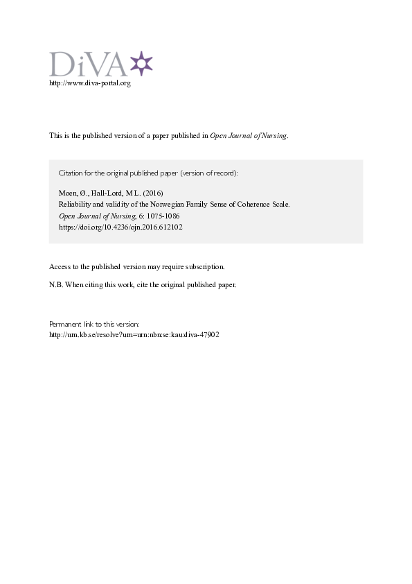 (PDF) Reliability and Validity of the Norwegian Family Sense of ...