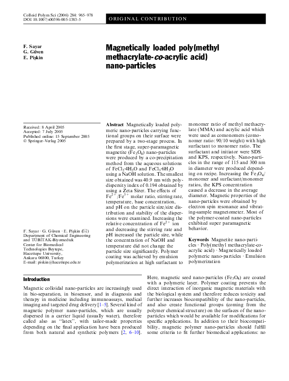 (PDF) Magnetically loaded poly(methyl methacrylate-co-acrylic acid ...