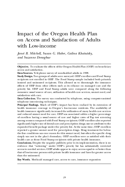 (PDF) Impact of the Oregon Health Plan on Access and Satisfaction of ...