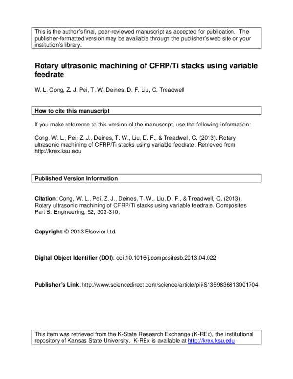 Rotary Ultrasonic Machining Of Cfrp Ti Stacks Using Variable Feedrate