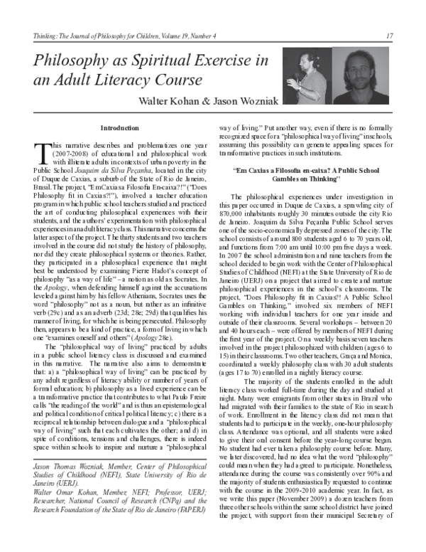 (PDF) Philosophy as spiritual exercise in an adult literacy course and ...