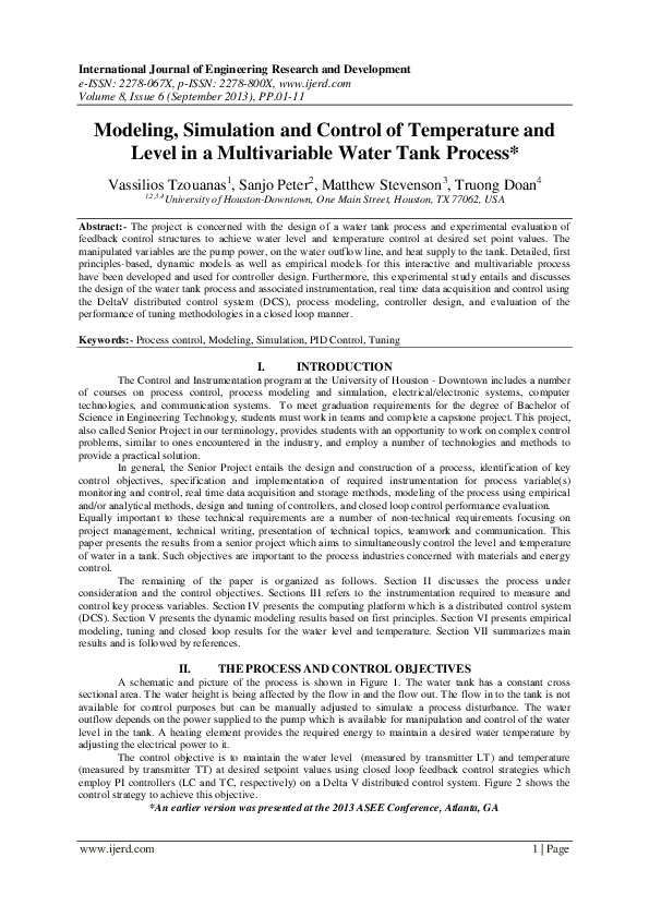 (PDF) Modeling , Simulation and Control of Temperature and Level in a Multivariable Water Tank ...