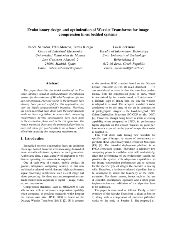 Pdf Evolutionary Design And Optimization Of Wavelet Transforms For Image Compression In
