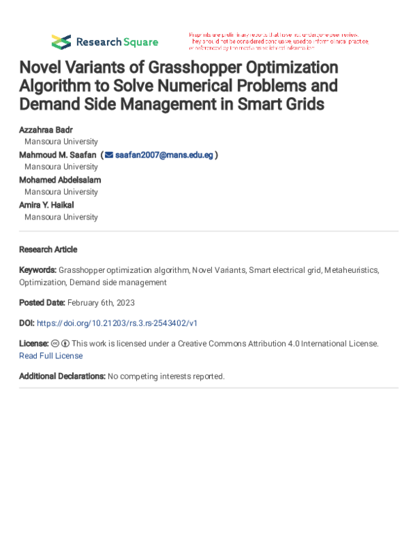 (PDF) Novel Variants of Grasshopper Optimization Algorithm to Solve Numerical Problems and ...