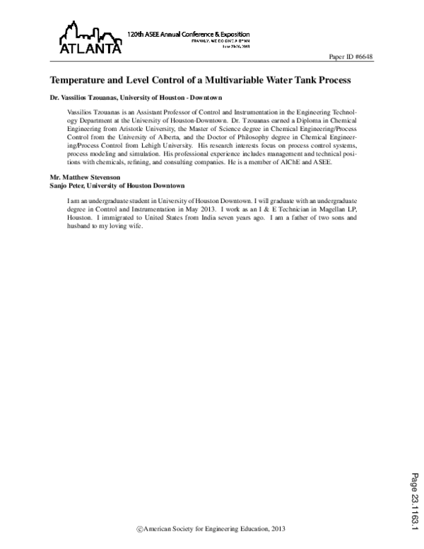 (PDF) Temperature and Level Control of a Multivariable Water Tank Process
