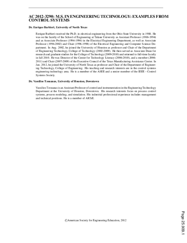 (PDF) M.S. in Engineering Technology: Examples from Control Systems