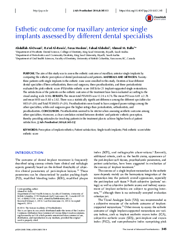 (PDF) Esthetic outcome for maxillary anterior single implants assessed ...