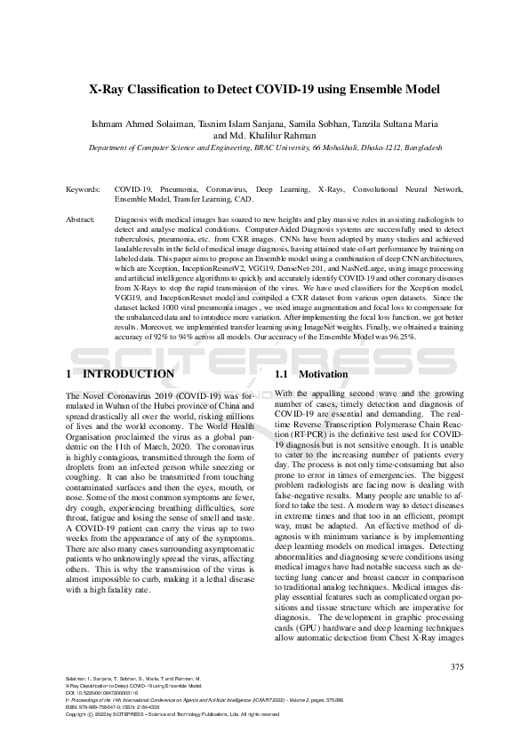 (PDF) X-Ray Classification to Detect COVID-19 using Ensemble Model
