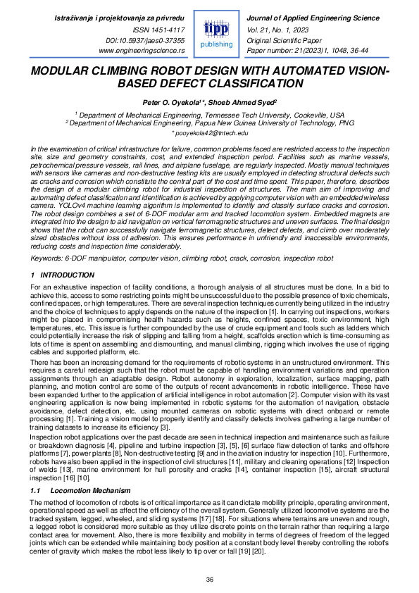 (PDF) Modular Climbing Robot Design with Automated Vision-Based Defect Classification
