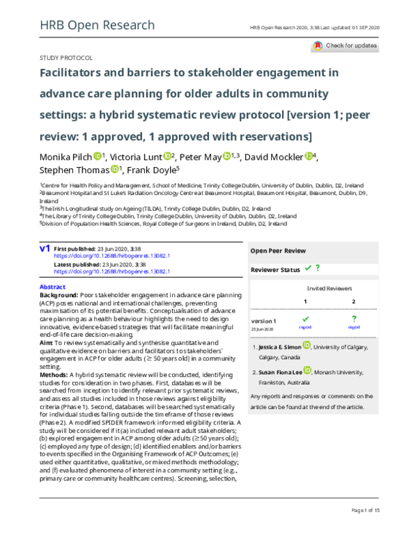 (PDF) Facilitators and barriers to stakeholder engagement in advance care planning for older ...