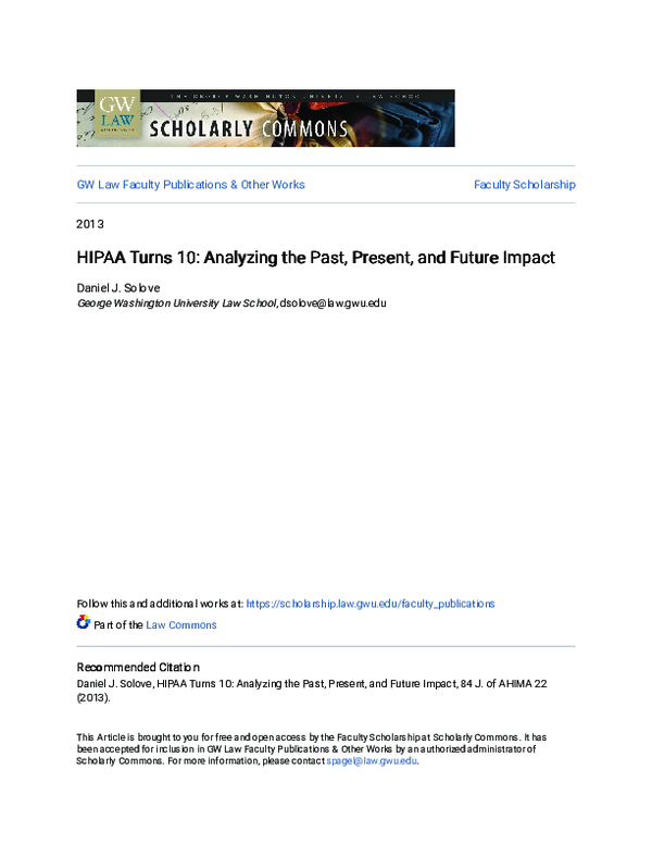 (PDF) HIPAA Turns 10: Analyzing the Past, Present, and Future Impact