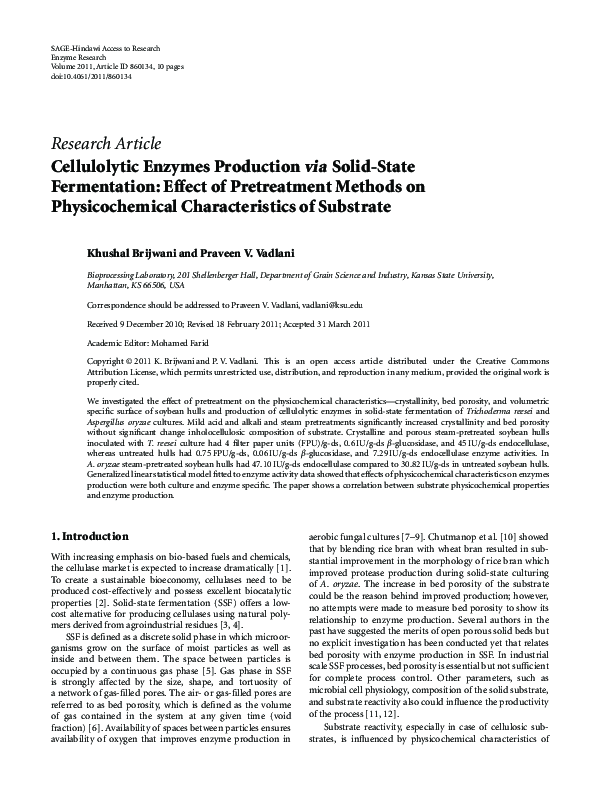 (PDF) Cellulolytic Enzymes ProductionviaSolid-State Fermentation: Effect of Pretreatment Methods ...