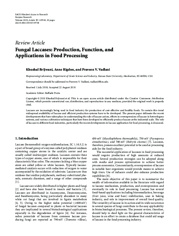 (PDF) Fungal Laccases: Production, Function, and Applications in Food Processing