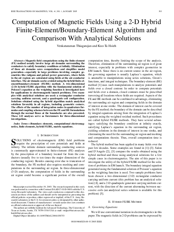 Pdf Computation Of Magnetic Fields Using A 2 D Hybrid Finite Element Boundary Element