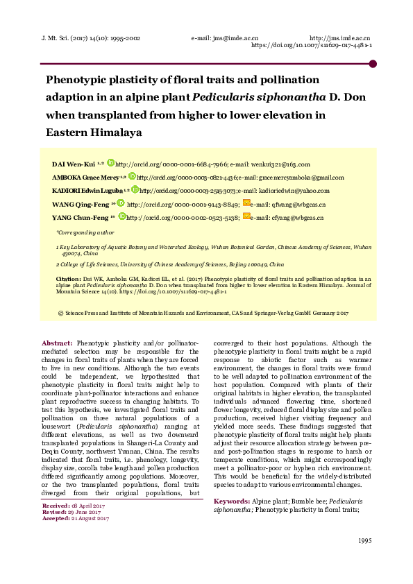 (PDF) Phenotypic plasticity of floral traits and pollination adaption in an alpine plant ...
