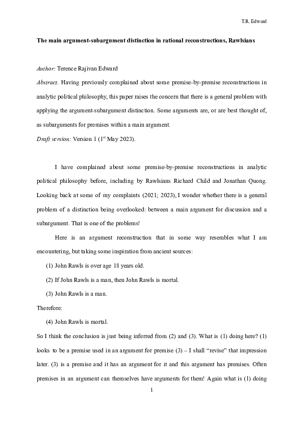 (PDF) The main argument-subargument distinction in rational reconstructions, Rawlsians | Terence ...