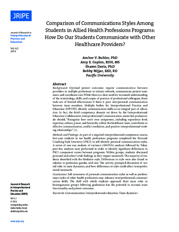 (PDF) Comparison of Communications Styles Amongst Students in Allied ...