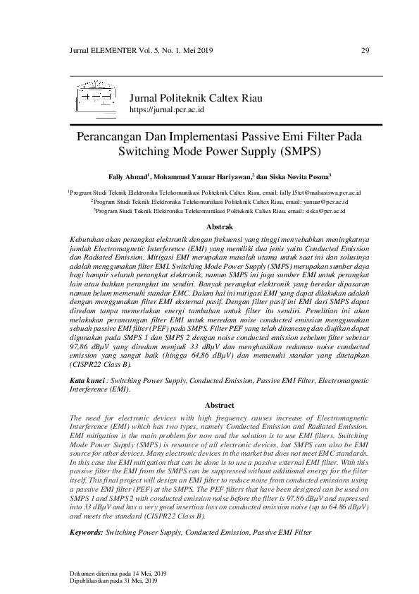 (PDF) Perancangan Dan Implementasi Passive Emi Filter Pada Switching ...