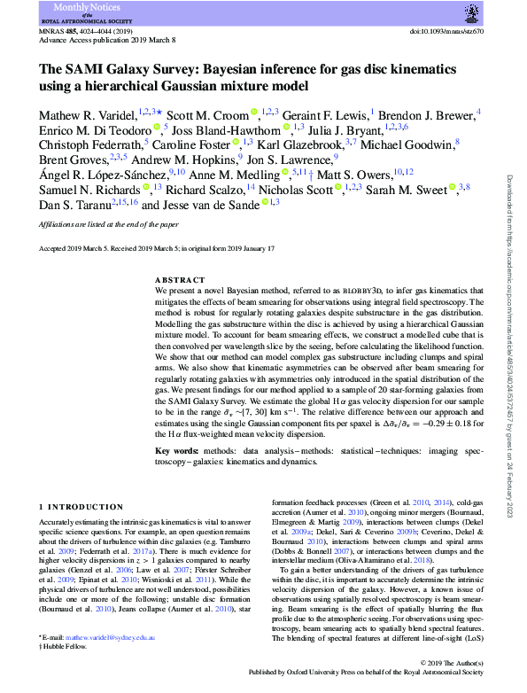(PDF) The SAMI Galaxy Survey: Bayesian inference for gas disc kinematics using a hierarchical ...