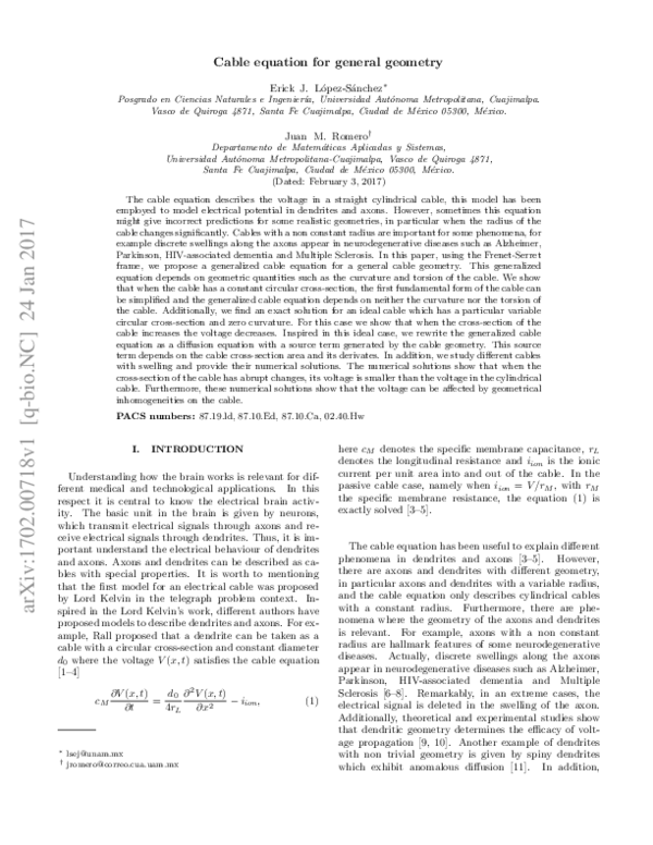 (PDF) Cable equation for general geometry | Juan Romero - Academia.edu