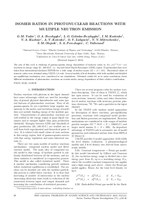 (PDF) Isomer Ratios in Photonuclear Reactions with Multiple Neutron ...