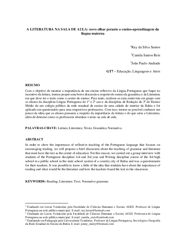 Pdf Literatura Na Sala De Aula Novo Olhar Perante O Ensino