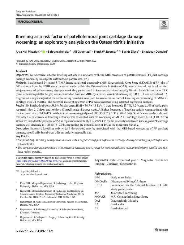 (PDF) Kneeling as a risk factor of patellofemoral joint cartilage ...