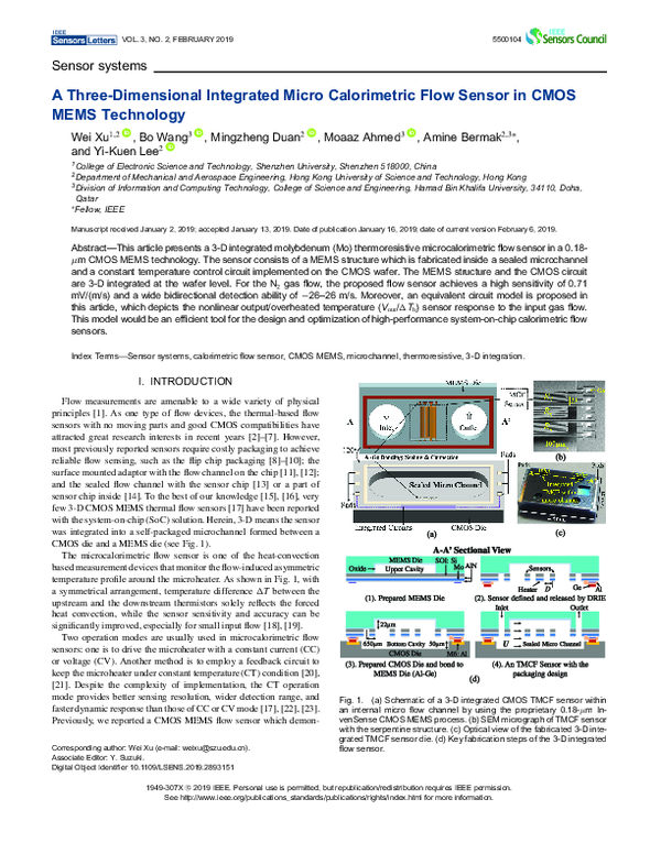 (PDF) A Three-Dimensional Integrated Micro Calorimetric Flow Sensor in ...