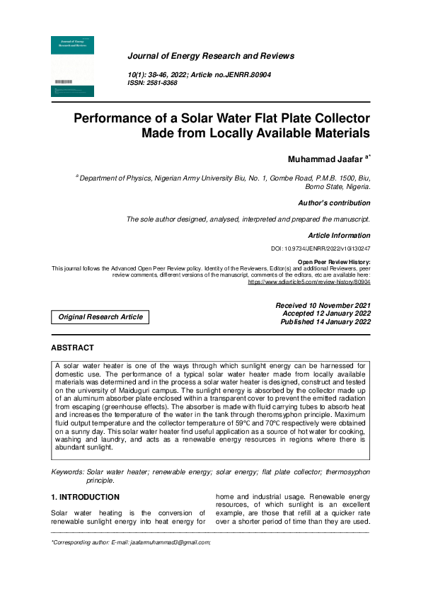 (PDF) Performance of a Solar Water Flat Plate Collector Made from ...