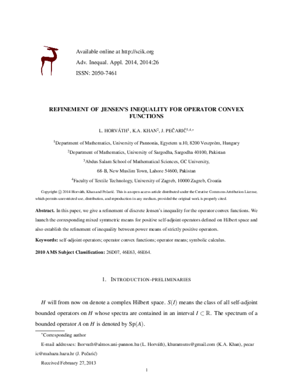 Pdf Refinement Of Jensens Inequality For Operator Convex Functions