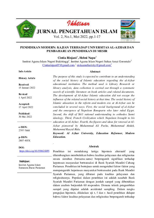 (PDF) Pendidikan Modern: Kajian Terhadap Universitas Al-Azhar dan ...