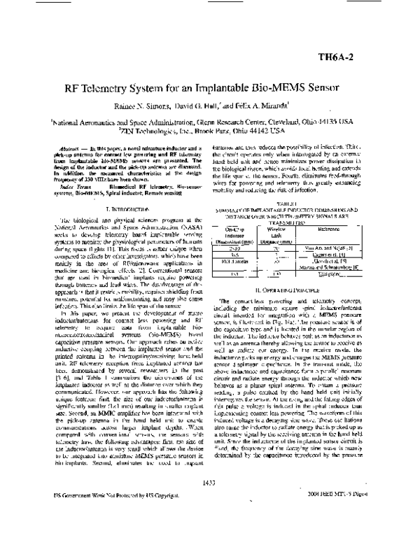 (PDF) RF telemetry system for an implantable bio-MEMS sensor
