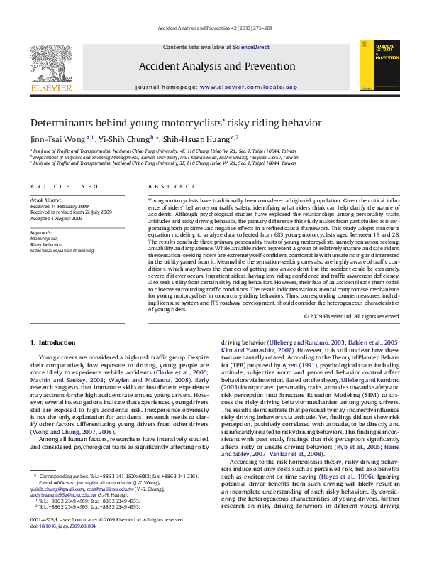 Pdf Determinants Behind Young Motorcyclists Risky Riding Behavior